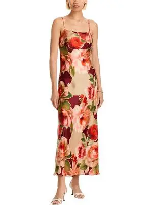 Aqua Printed Satin Cowl Neck Dress - Rust Multi
