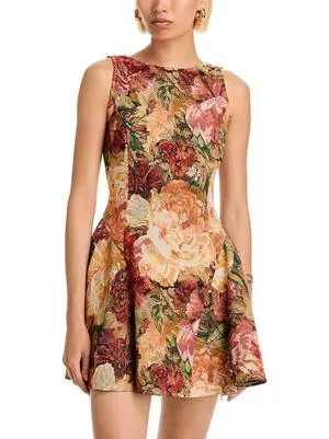 Aqua Floral Brocade Mini Dress - Multi