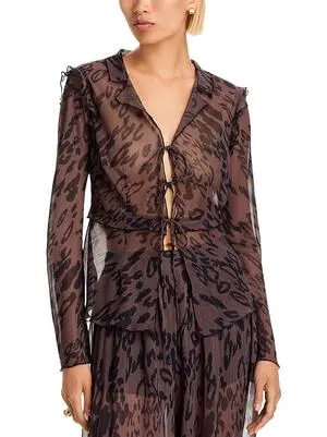 AQUA Aqua Animal Print Ruffle Tie Long Sleeve Top