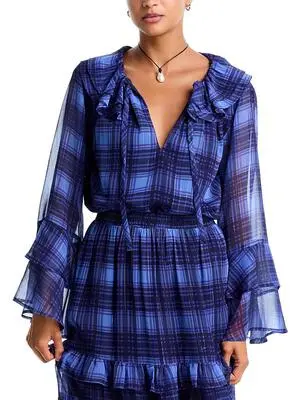 Aqua Plaid Ruffled Tie Neck Blouse - Blue Multi