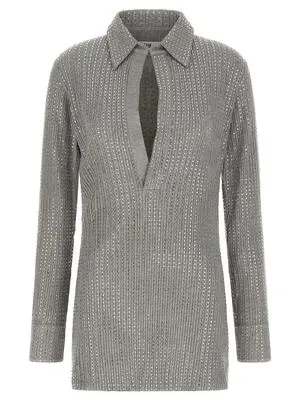 Attico Rhinestone Embellished Ribbed Mini Dress - Gray