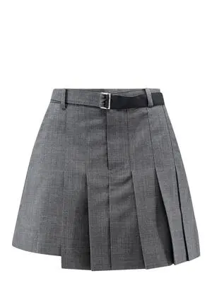 Sacai Pleated Wool Belted Skirt - Grey