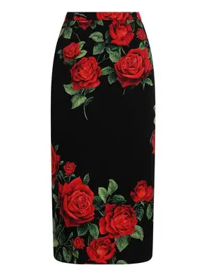 Dolce & Gabbana Stretch Silk Midi Skirt With Rose Print - Black