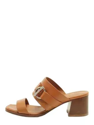 Hermès Buckle Detail Leather Block Heel Sandals - Brown