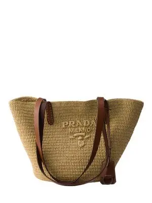 Prada Medium Crochet And Leather Tote Bag - Beige/brandy