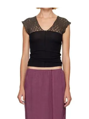 BASERANGE Sleeveless V-neck Top With Lace And Ruffle Details - Black