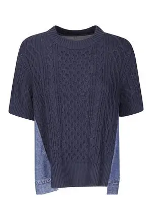 Sacai Sacai Cable Knit Panel Short Sleeve Top Navy Blue