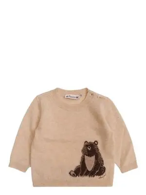 Bonpoint Crew Neck Long Sleeve Knit Top With Bear Applique - Beige