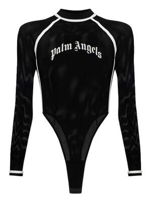 Palm Angels Long Sleeve Mock Neck Bodysuit With Logo Detail - Black