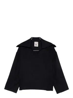 SEMICOUTURE Collared Knit Top With V-neck And Long Sleeves - Black