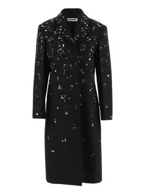 JIL SANDER Embellished Lapel Collar Long Coat - Black