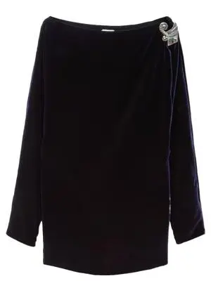Versace Velvet Mini Dress With Baroque Embellishment - Navy
