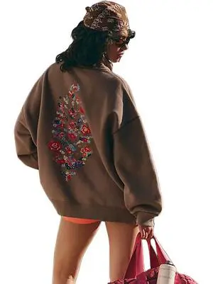 Free People Floral Logo Mock Neck Pullover Sweatshirt - Hickory
