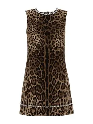Dolce & Gabbana Leopard Print Embellished Cady Dress - Multicolor