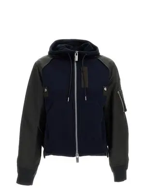 Sacai Hoodie In Sponge Sweat And Nylon Twill - Blu
