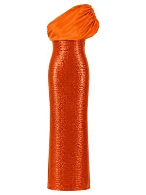 REDONDO BRAND Juana Sequined Maxi Dress With One Shoulder Ruched Bodice - Orange