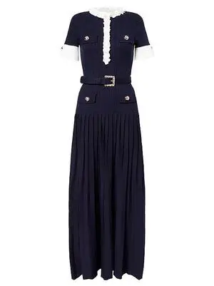 SELF-PORTRAIT Floral-trim Ribbed-knit Midi Dress - Navy
