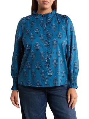 SUGARLIPS Minny Floral Frill Cotton Button-up Shirt - Navy-combo
