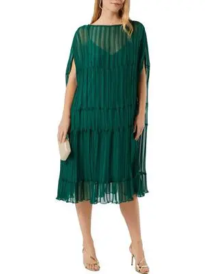 Marina Rinaldi Sleeveless Plissé Tiered Dress With Embellished Neckline - Emerald