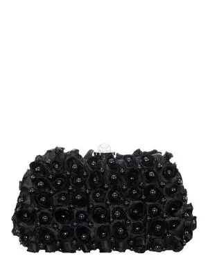 Nina Paloma Rosette Imitation Pearl Frame Clutch - Black