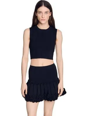 Sandro Ribbed Knit Sleeveless Crop Top - Black