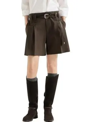 Brunello Cucinelli Tropical Luxury Wool Formal Shorts With Monili Detailing - Coffee