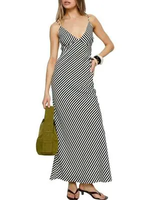 PRINCESS POLLY Princess Polly Lesondo V-Neck Maxi Dress With Diagonal Stripes And Adjustable Straps