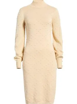 Anne Klein Bobble Diamond Stitch Long Sleeve Sweater Dress - Macadamia