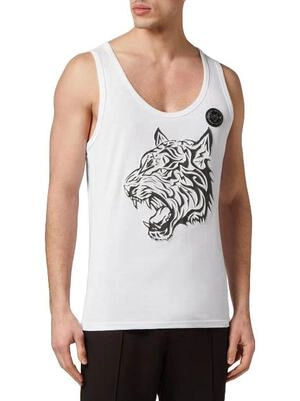 PLEIN SPORT Sleeveless Tiger Print Tank Top - White/black