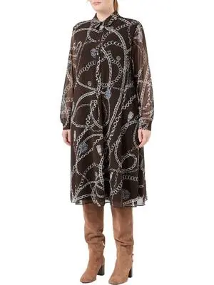 Marina Rinaldi Chain Print Long Sleeve Shirt Dress - Chocolate