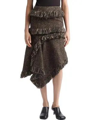 Sacai Fringe Asymmetric Wool Blend Tweed Skirt - Brown