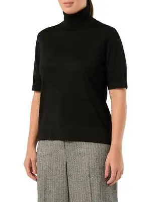 Marina Rinaldi Radice Virgin Wool Short Sleeve Turtleneck Sweater - Black