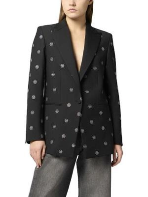 Philipp Plein Boyfriend Fit Blazer With Monogram Rhinestones - Black