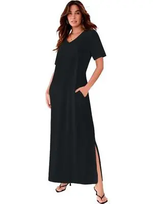 Roaman's Stretch Knit Maxi Dress With Side Slit - Black
