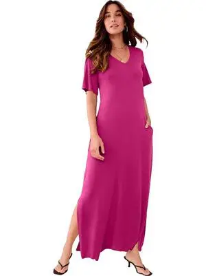 Roaman's Stretch Knit Maxi Dress With Side Slit - Raspberry
