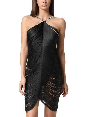 Philipp Plein PHILIPP PLEIN Mini Dress With Draped Fringe And Asymmetrical Hem Black