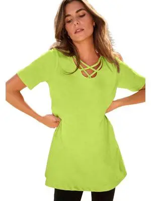 Roaman's Short Sleeve Lattice Neck Tunic - Lime