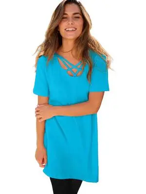Roaman's Roaman's Short Sleeve Lattice Neck Tunic Ocean