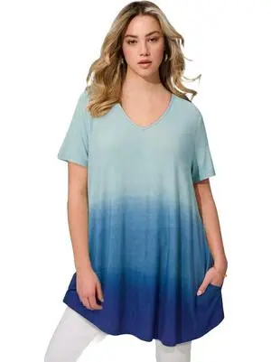 Roaman's Ultra Drape V-neck Short Sleeve Swing Tunic - Blue Ombre