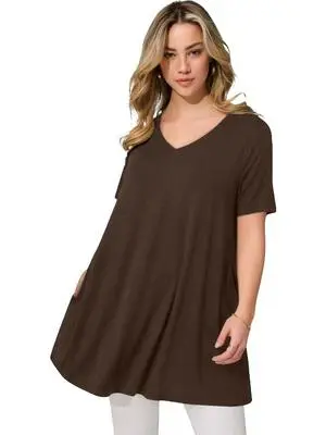 Roaman's Roaman's Ultra Drape V-Neck Short Sleeve Swing Tunic Chocolate
