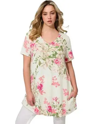 Roaman's Ultra Drape V-neck Short Sleeve Swing Tunic - White Romantic Rose