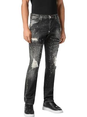 Philipp Plein Studded Straight Cut Denim Trousers - Foggrey