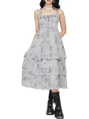 DISTURBIA Butterfly Tiered Midi Dress - Grey