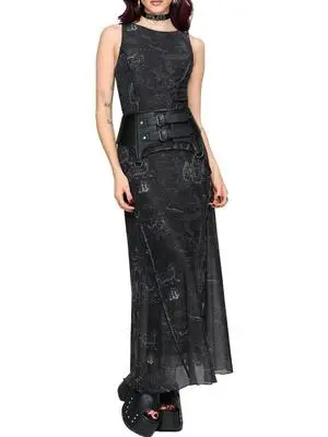 DISTURBIA Kosmara Map Print Mesh Maxi Dress - Black