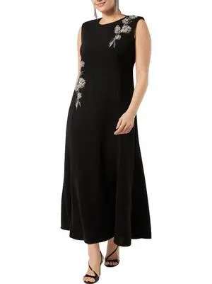 Marina Rinaldi Beaded Jewel Neck Dress - Black