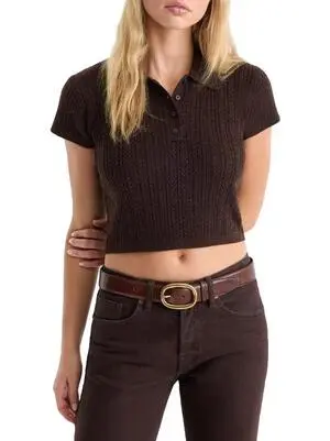 Good American Micro Cable Merino Wool Cropped Polo - Espresso