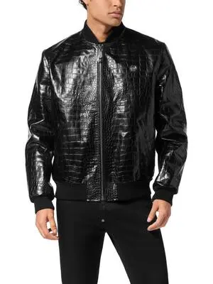 Philipp Plein Croco-print Leather Bomber Jacket - Black
