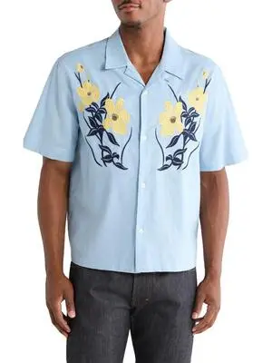 PACSUN Jasmine Floral Embroidered Cotton & Linen Camp Shirt - Blue