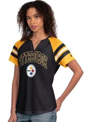 STARTER Pittsburgh Steelers Game On Notch Neck Raglan T-shirt - Black