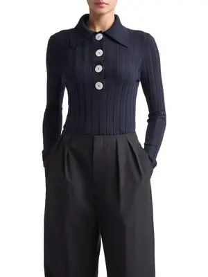 NACKIYE Sugarman Long Sleeve Virgin Wool Rib Polo - Navy